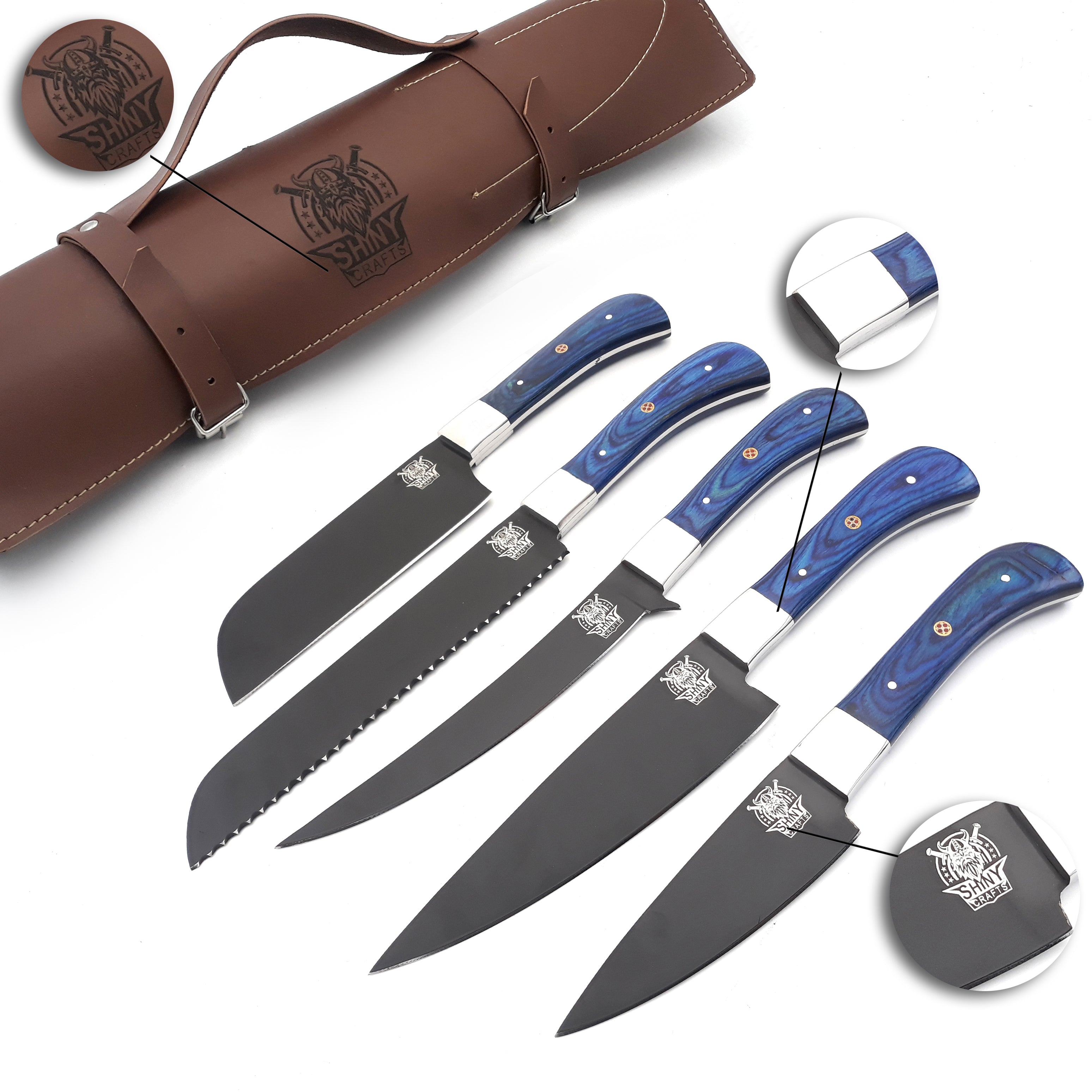 Handmade Black Coated Kitchen Knife Set with Blue wood handle and D 2 ...
